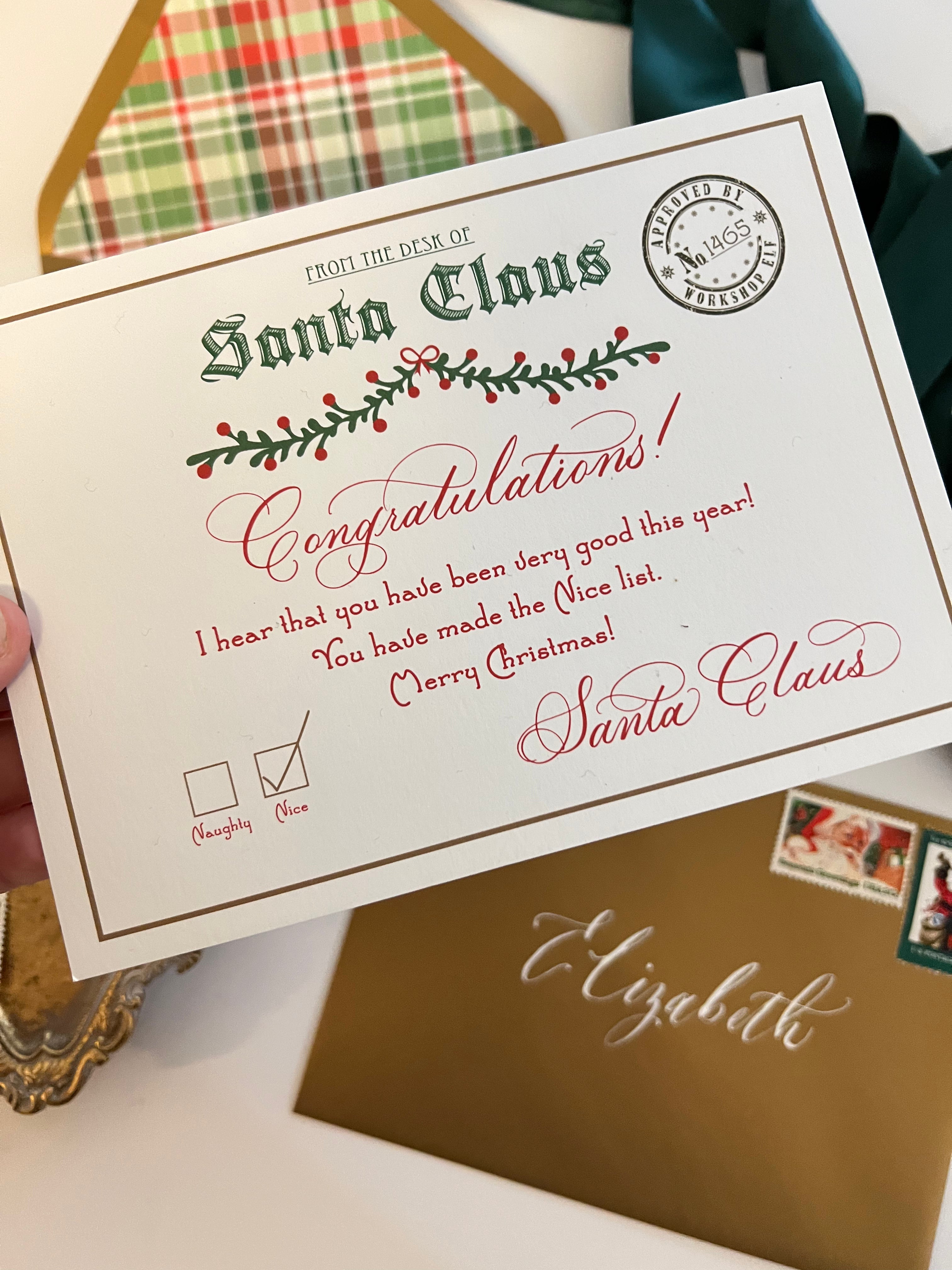 NICE LIST - Letter From Santa - Gold Envelope – White Ink Calligraphy